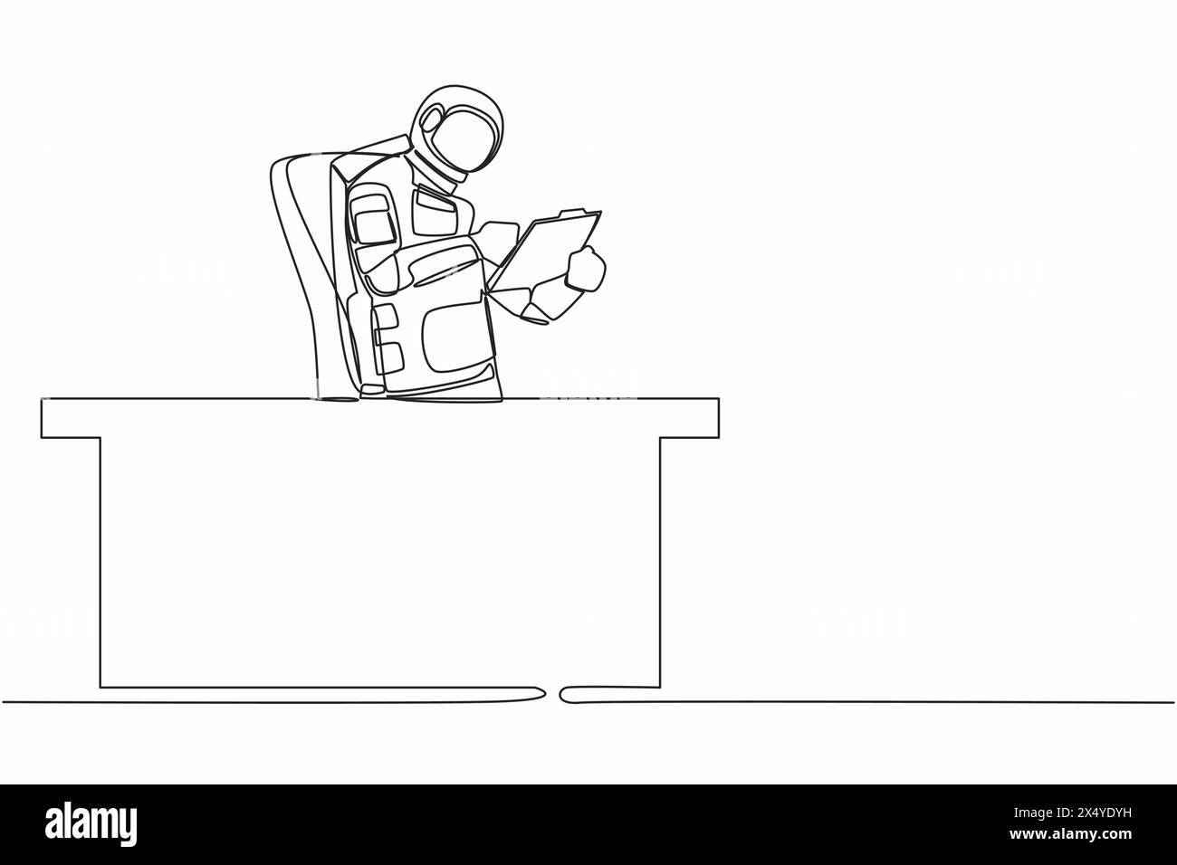 Single one line drawing of young astronaut sitting on chair near office ...