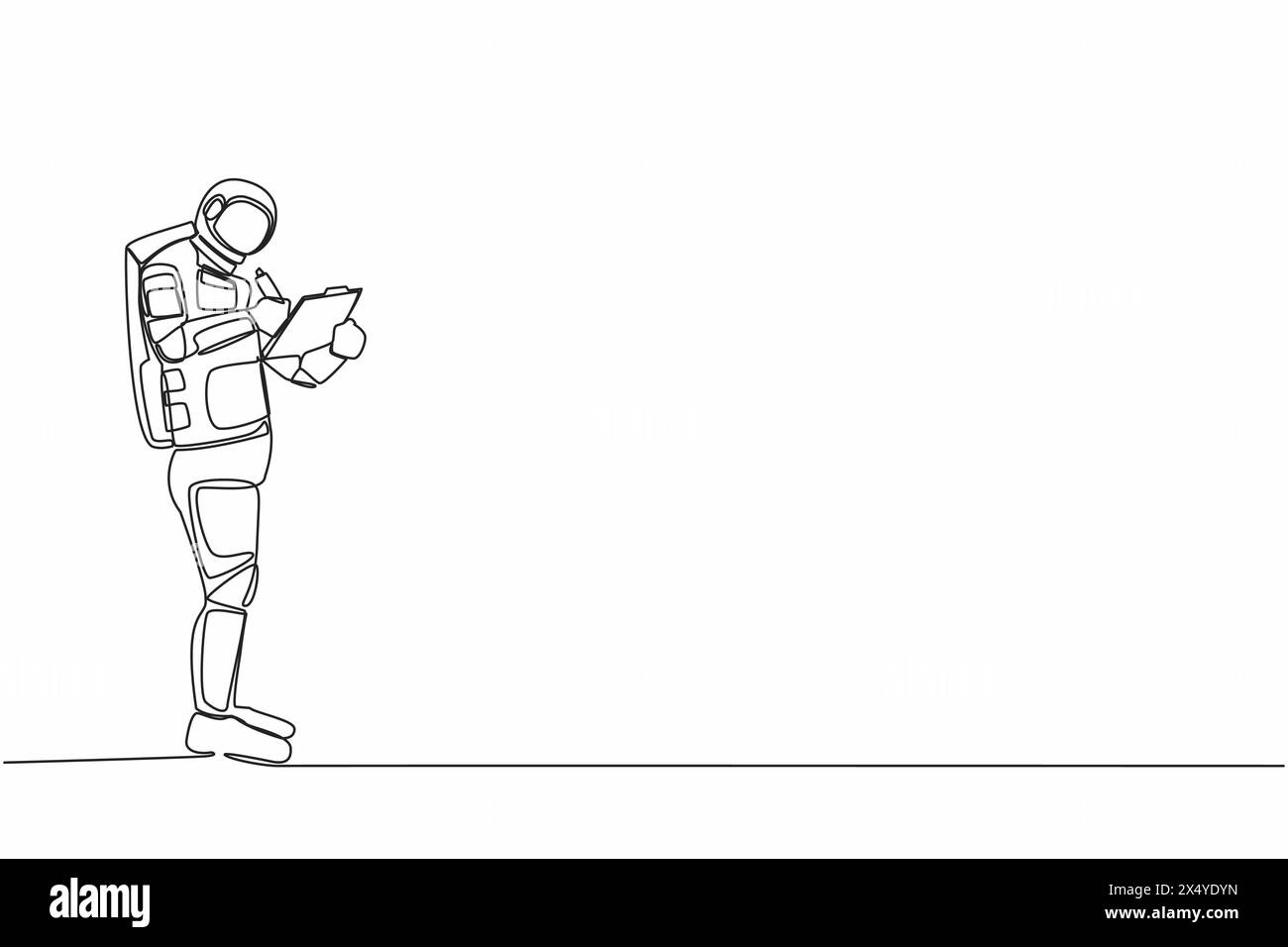 Single one line drawing young astronaut standing and writing on ...