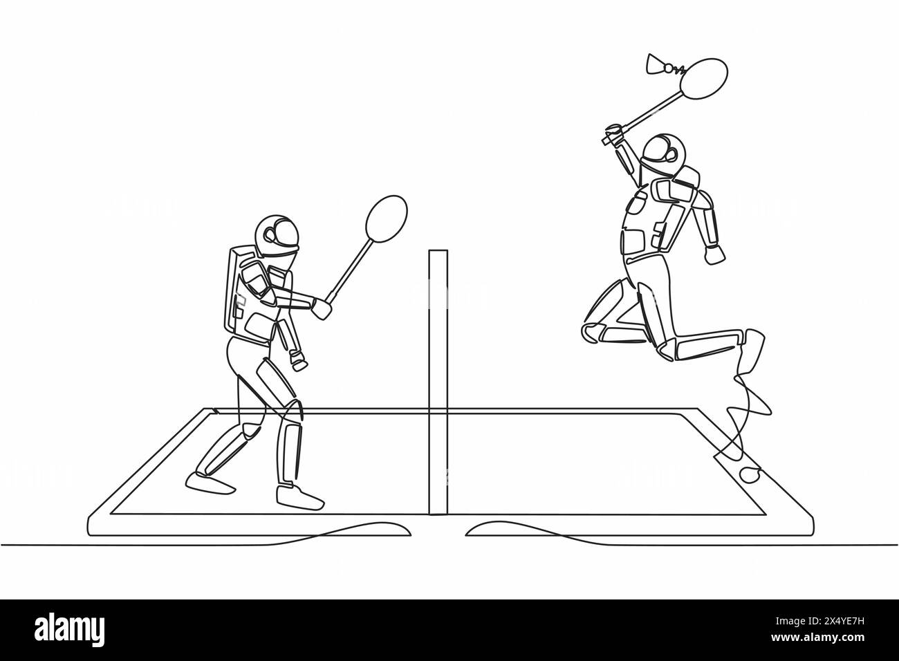 Single one line drawing badminton court with two astronaut players ...