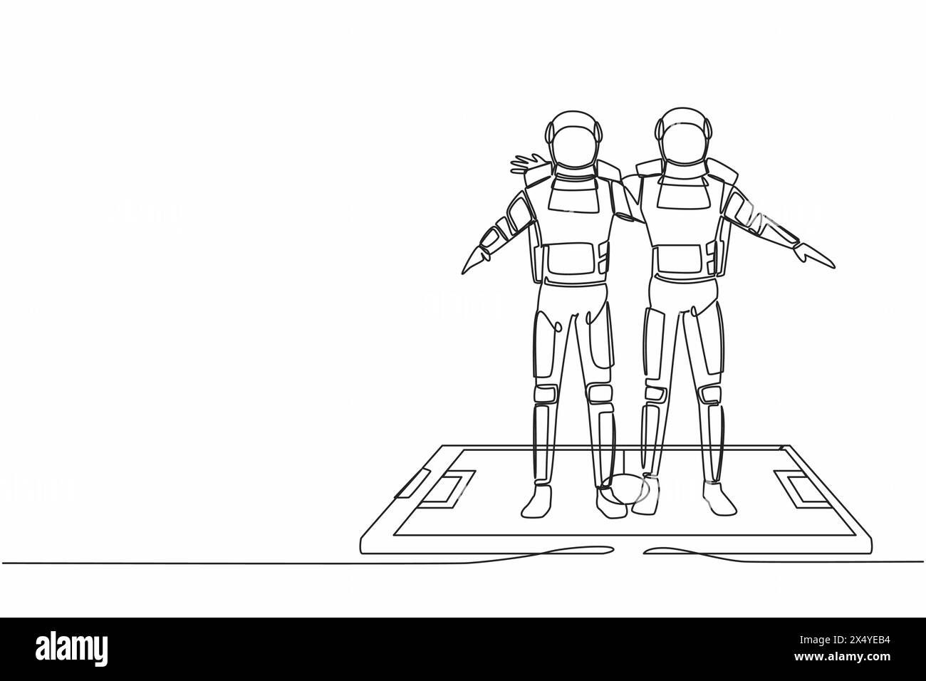Single continuous line drawing two soccer players astronaut embrace ...