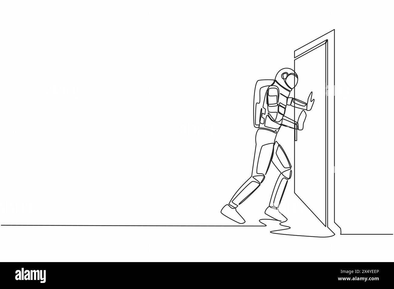 Continuous one line drawing of astronaut pushes closed door on wooden ...