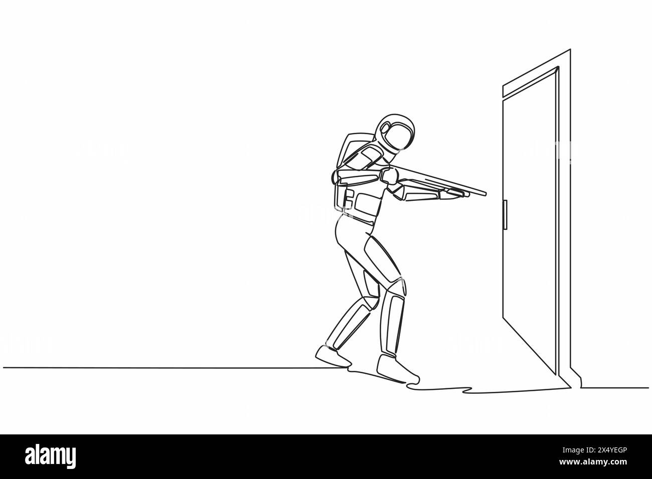 Single one line drawing of young astronaut pointing shotgun at doorknob ...
