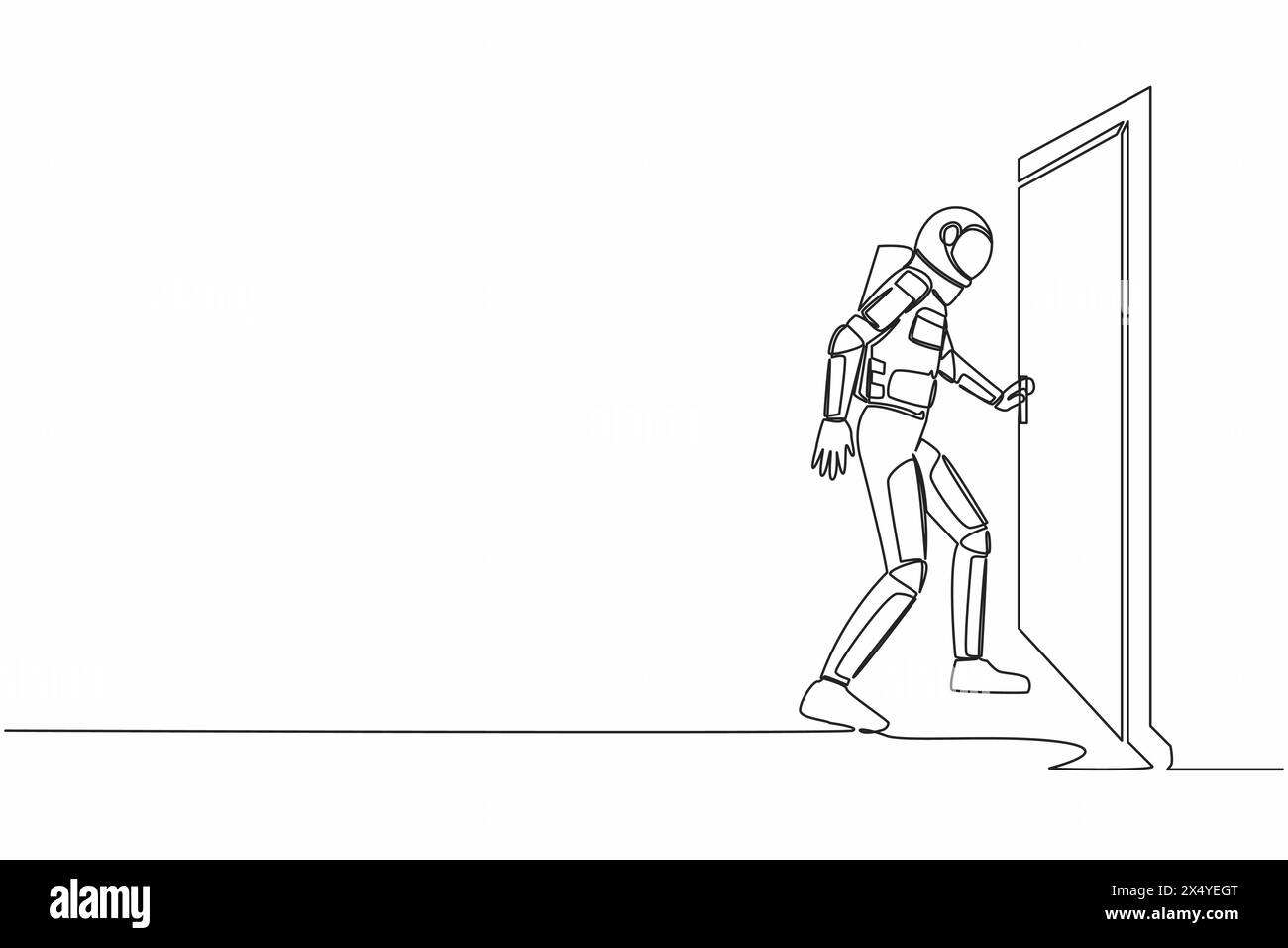 Single one line drawing young astronaut holding door knob in moon ...