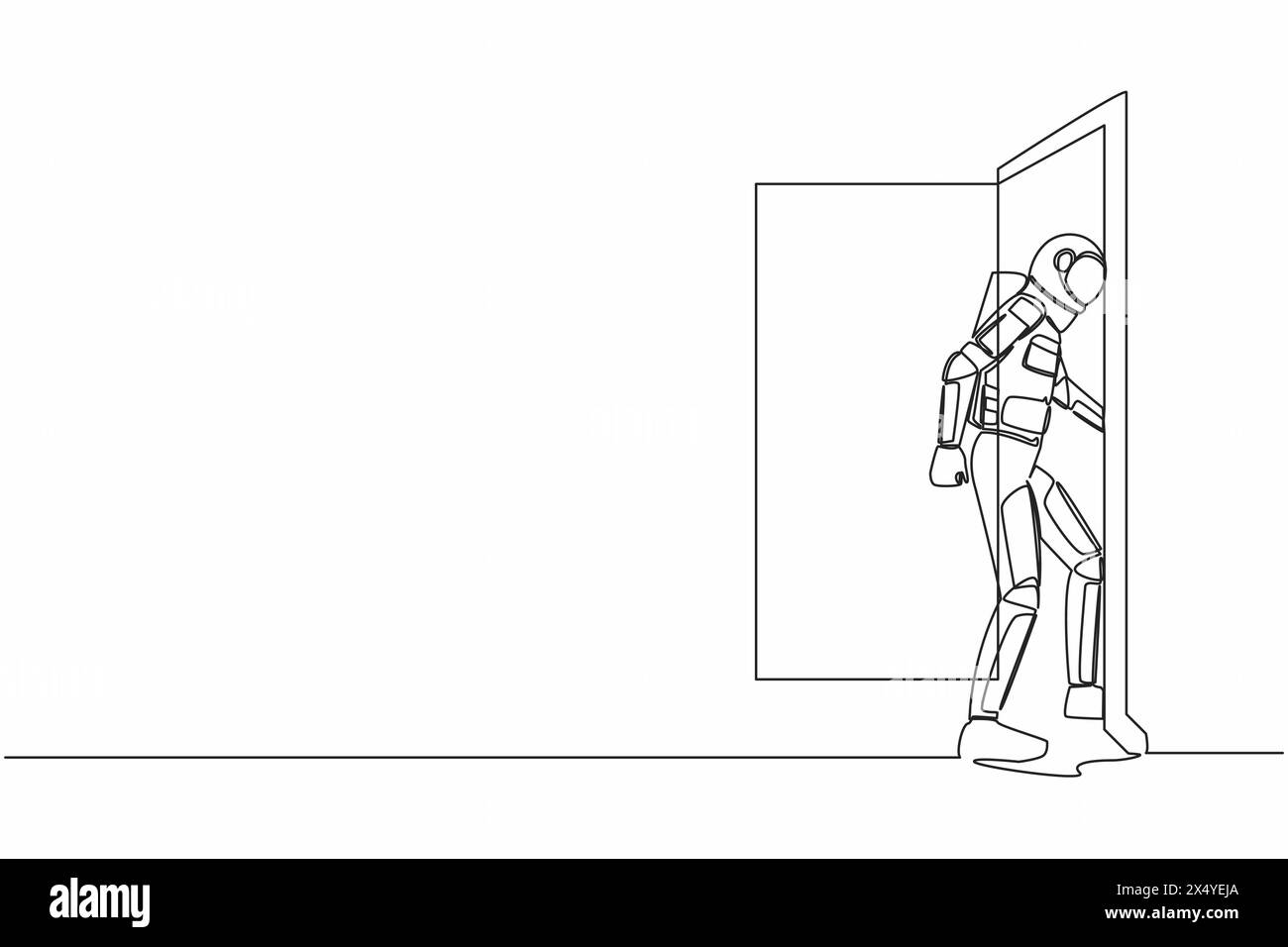 Single one line drawing young astronaut enters room through door ...