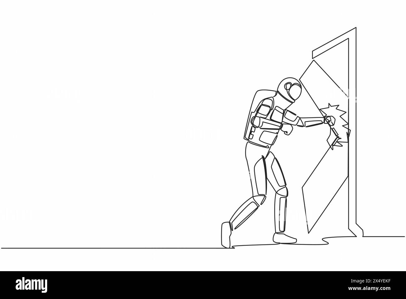 Continuous one line drawing astronaut punching and destroying door ...