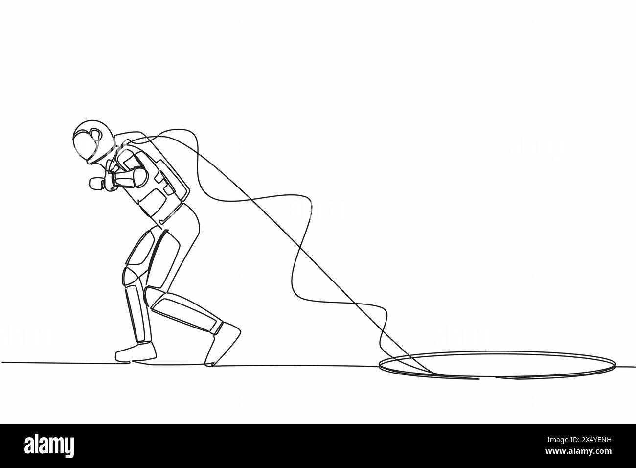 Continuous one line drawing astronaut trying hard pulling rope to drag ...