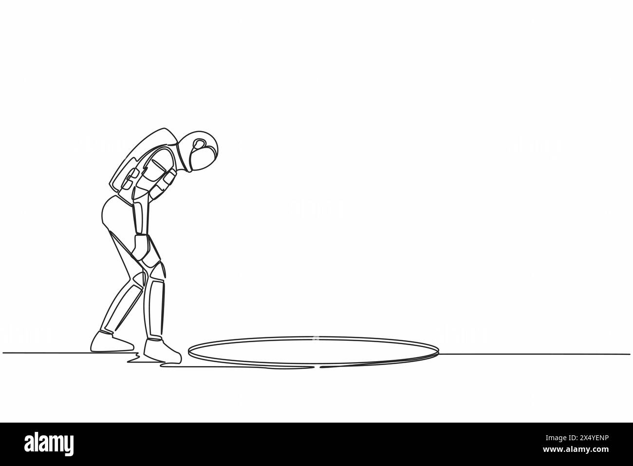 Single continuous line drawing of young astronaut wondering and looking ...