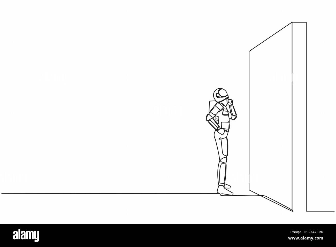 Continuous one line drawing astronaut thinking in front of big obstacle ...