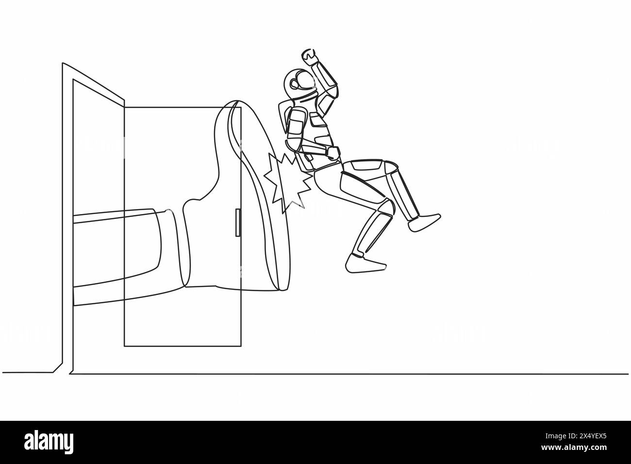 Continuous one line drawing young astronaut get kicked out of door ...