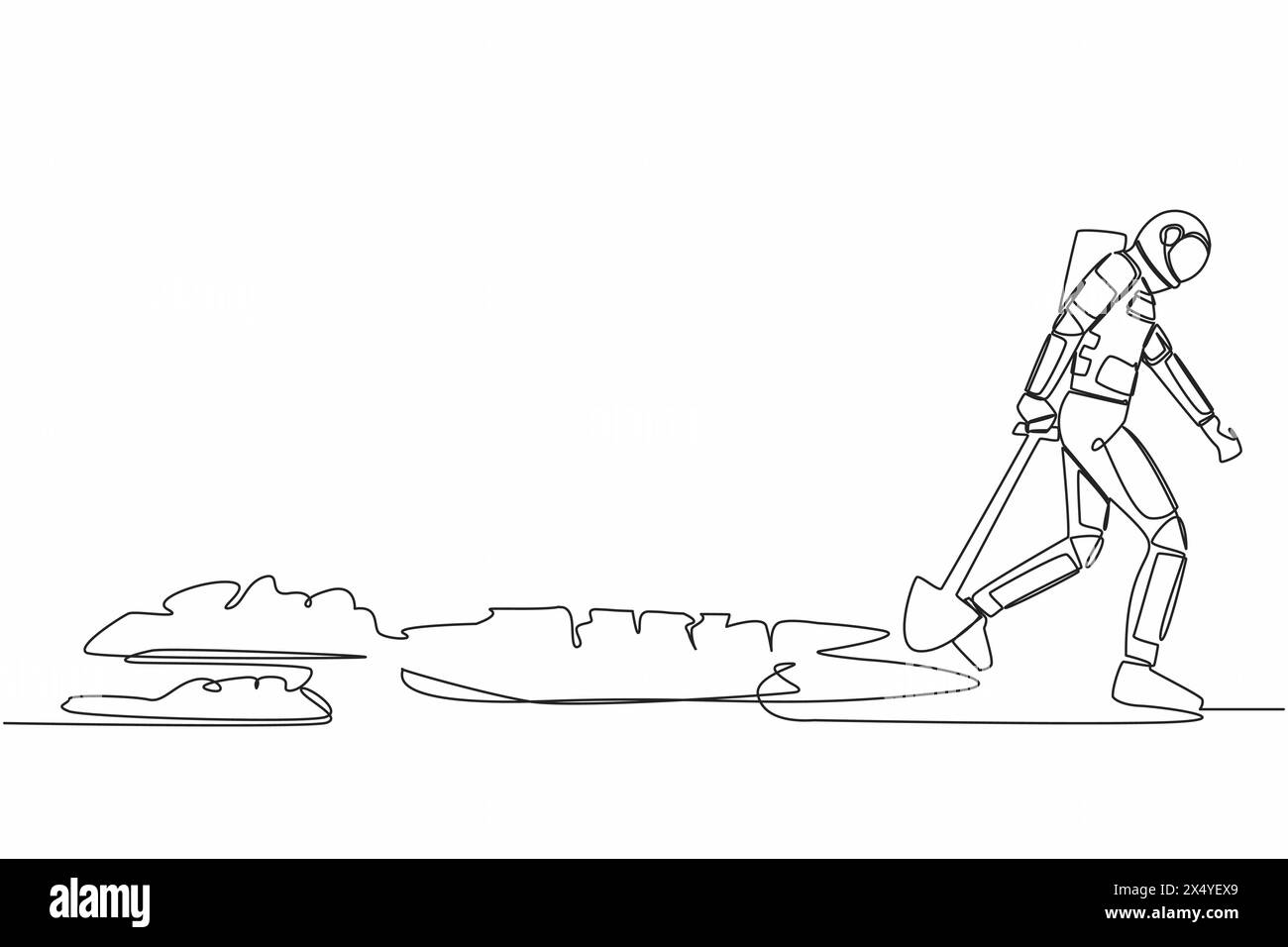 Continuous one line drawing young astronaut walking unsteadily leaving ...