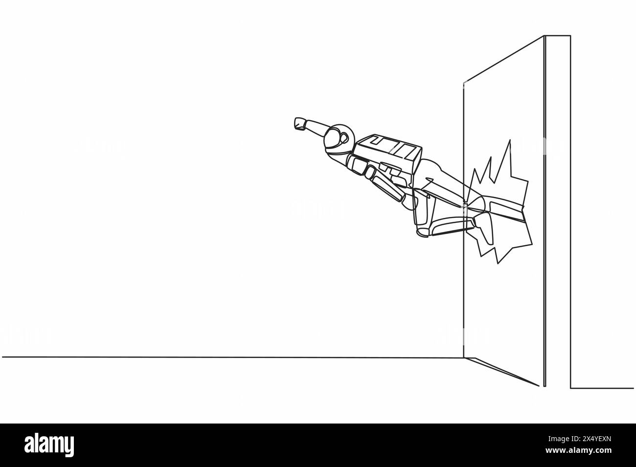 Single one line drawing young astronaut punch and break the wall ...