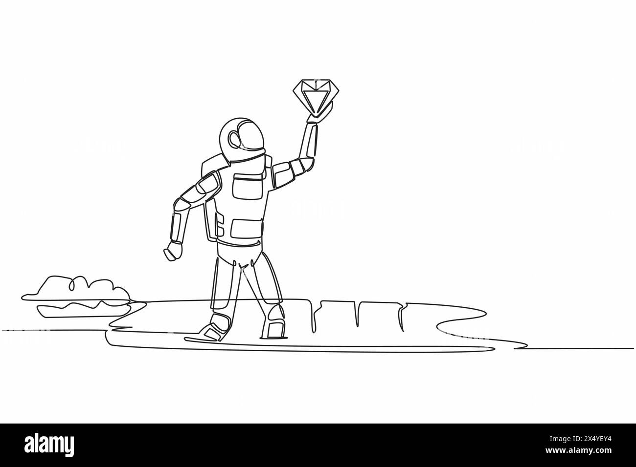 Single one line drawing young astronaut hold and find diamond from ...