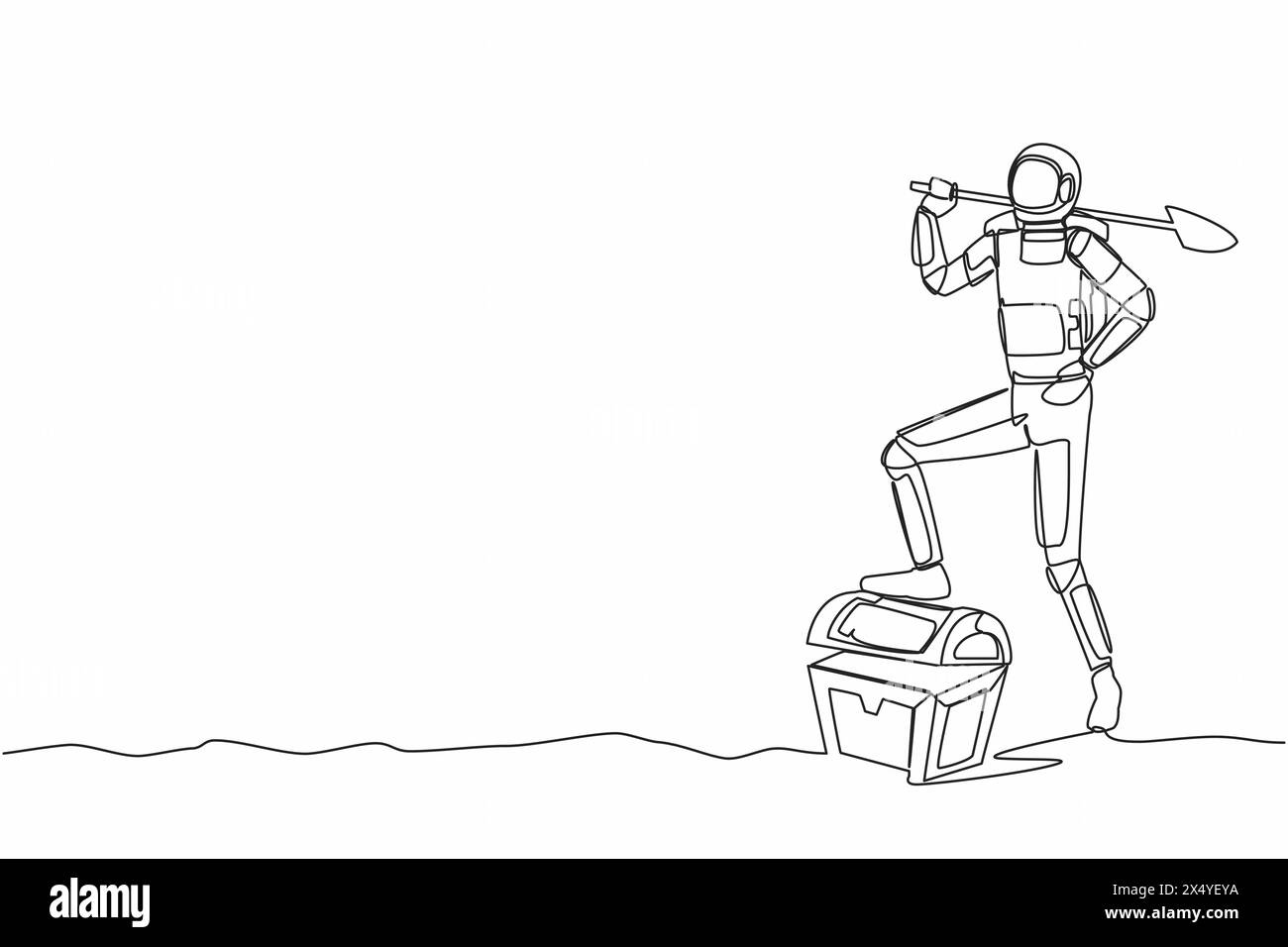 Single one line drawing young astronaut digging ground with shovel and ...