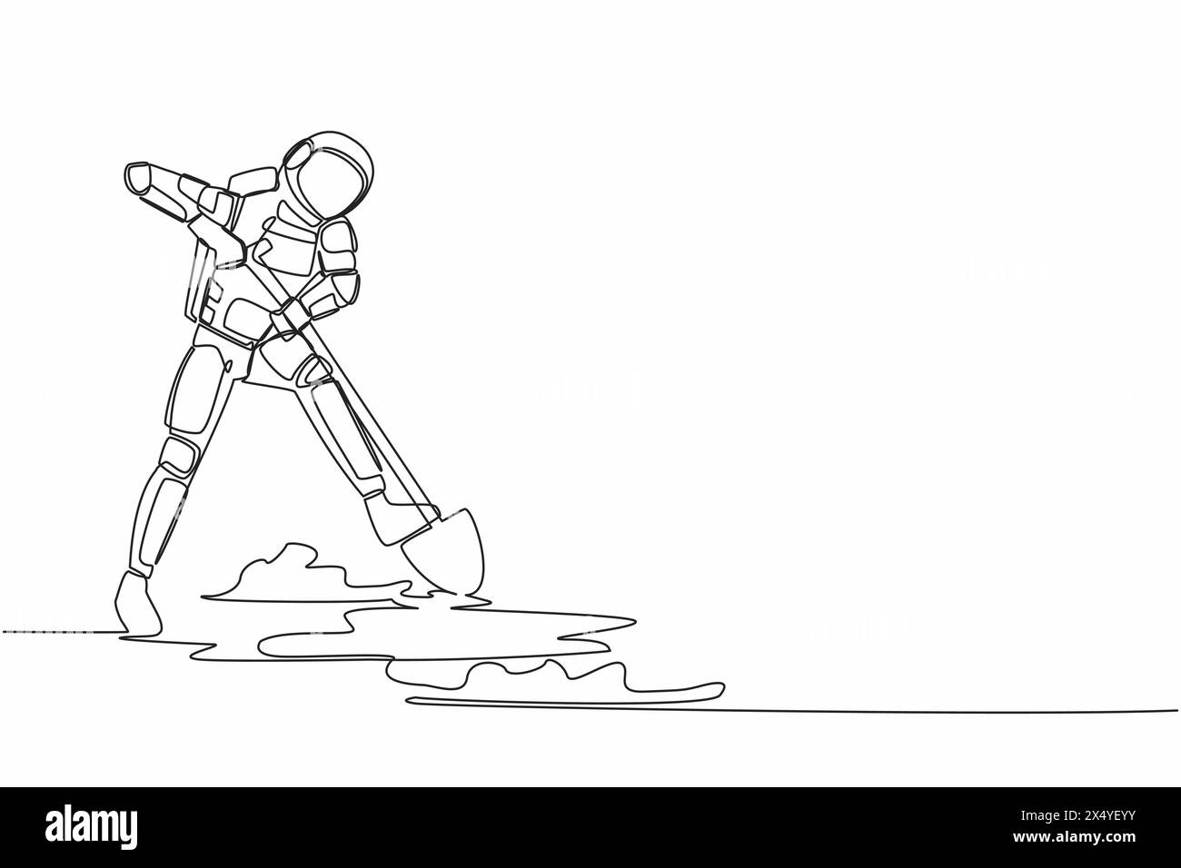 Single one line drawing young astronaut digging ground with spade in ...