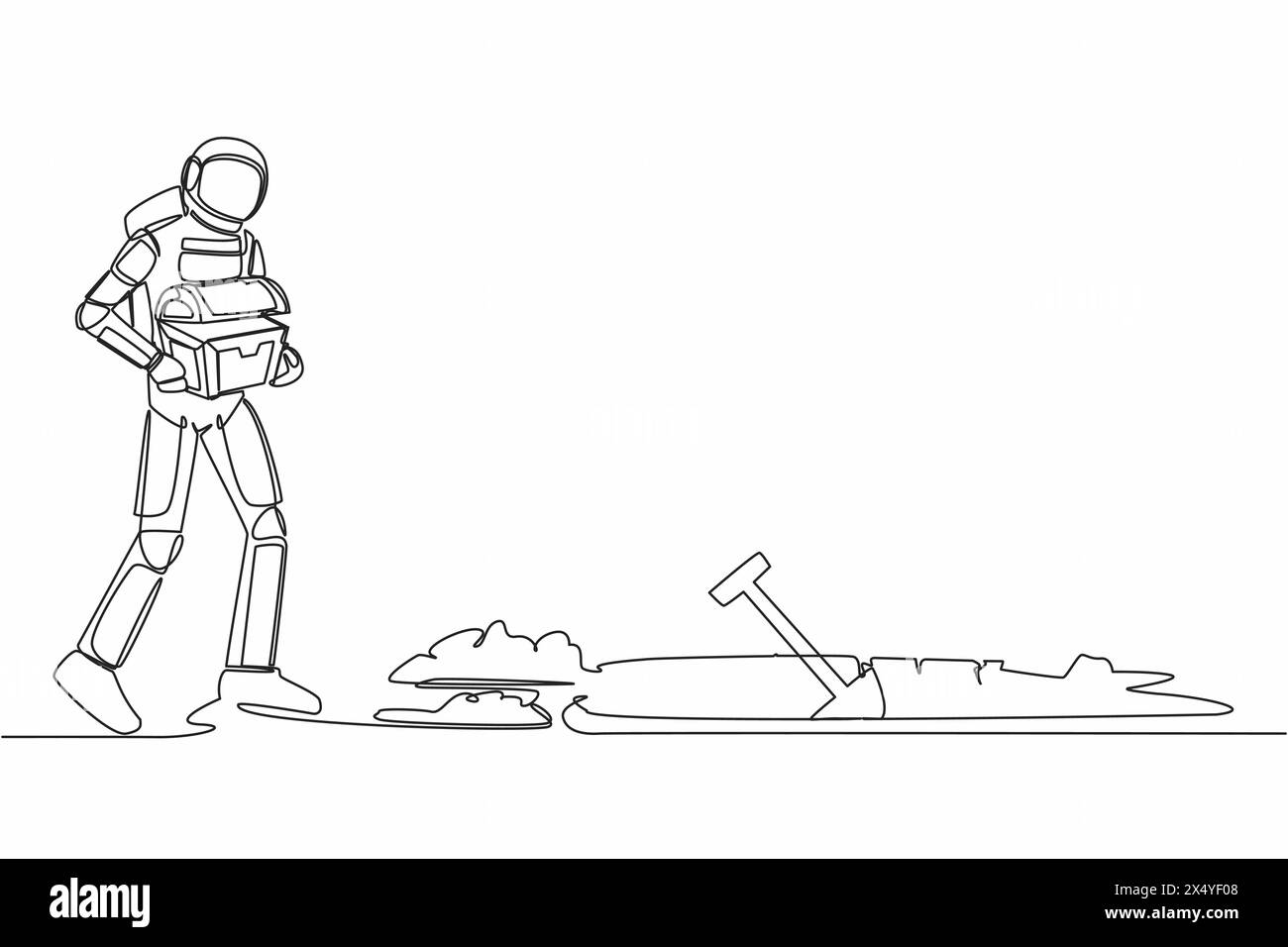 Single one line drawing young astronaut hold treasure chest in moon ...