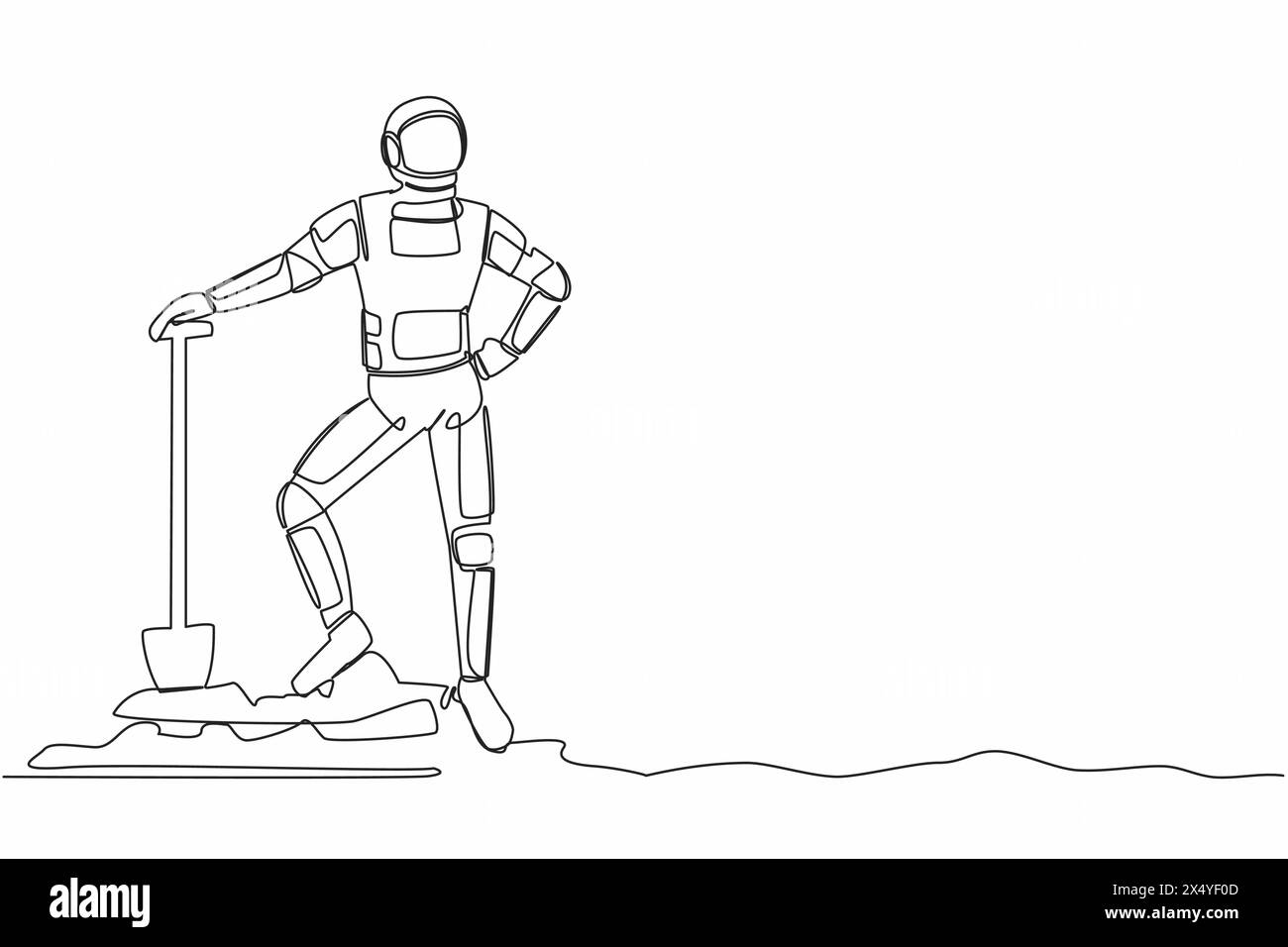 Single continuous line drawing of young astronaut standing and holding ...