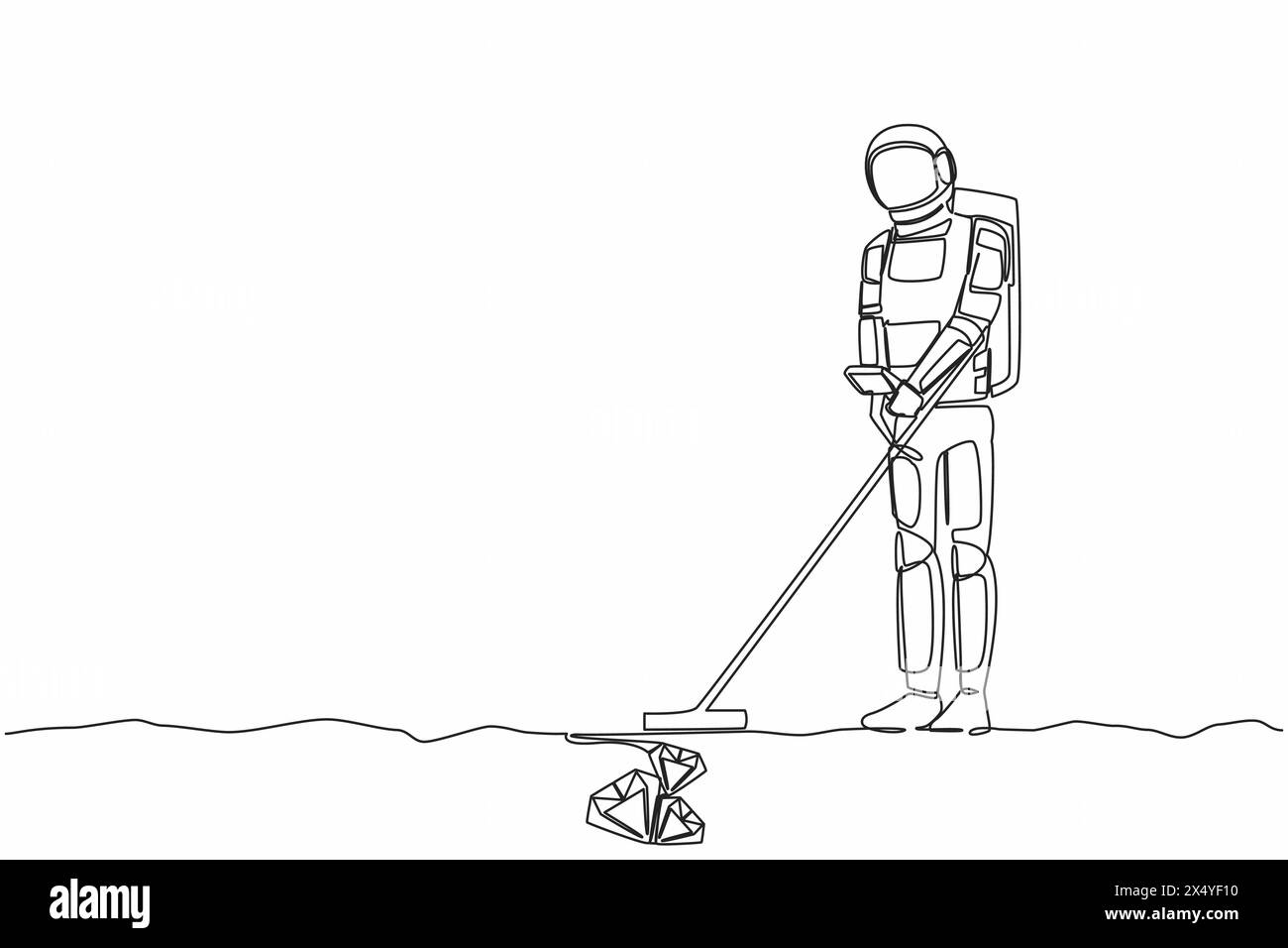Continuous one line drawing of astronaut with metal detector looking ...