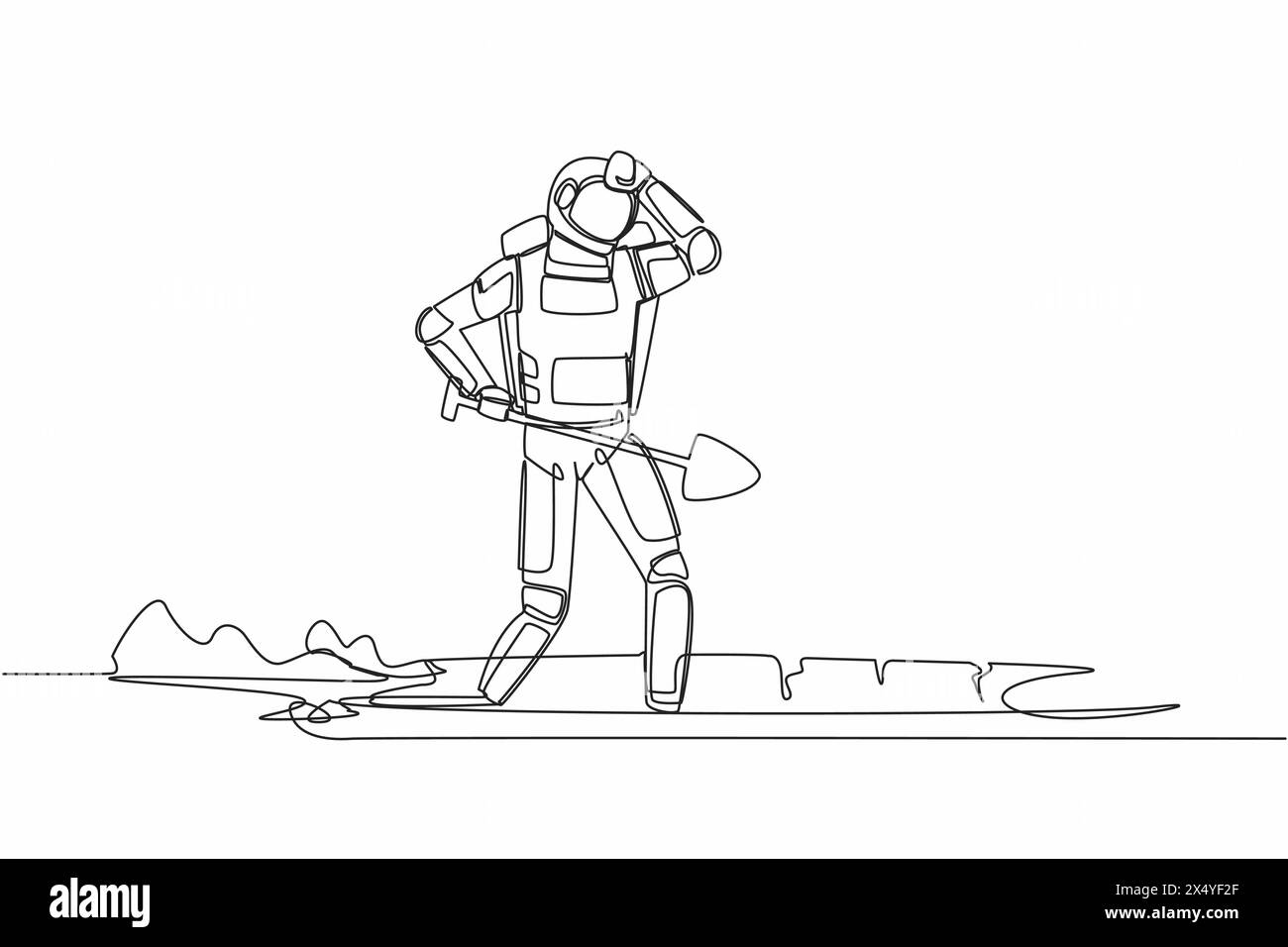 Continuous one line drawing young astronaut wipes sweat on his forehead ...