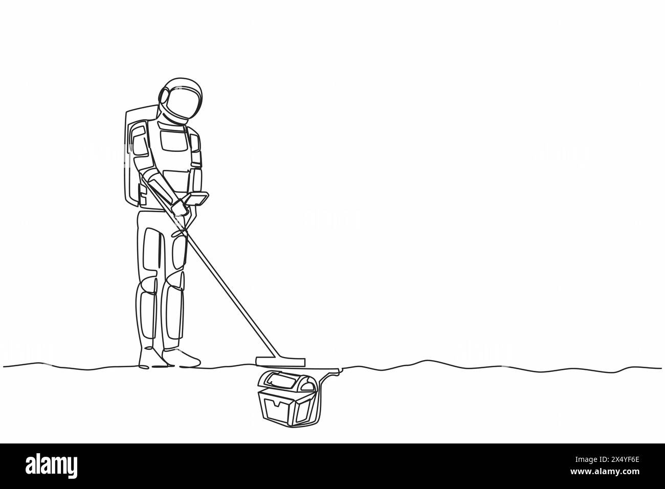 Single one line drawing young astronaut with metal detector looking for ...