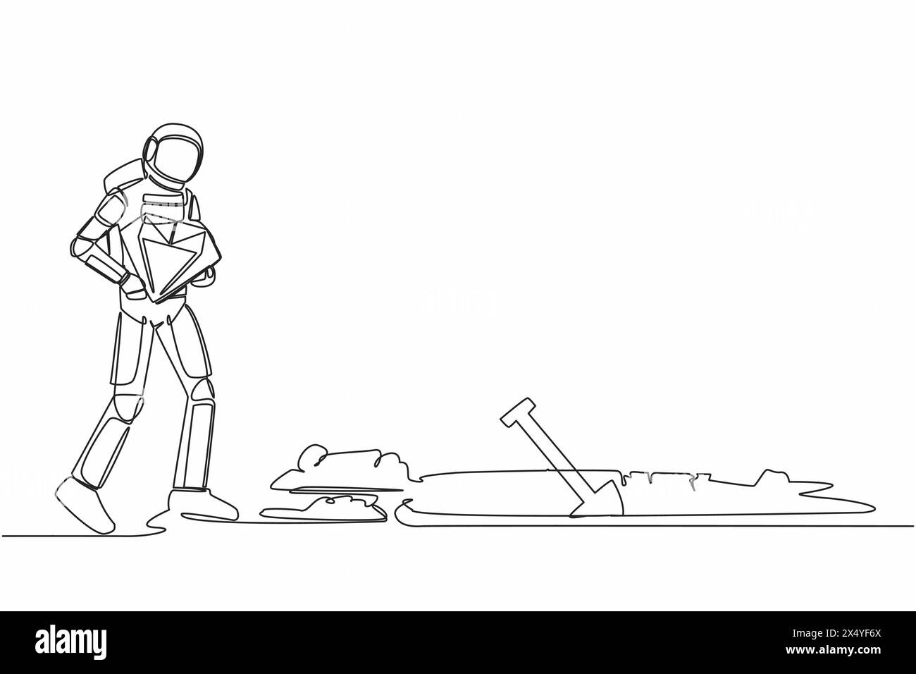 Single continuous line drawing astronaut walking and holding big ...