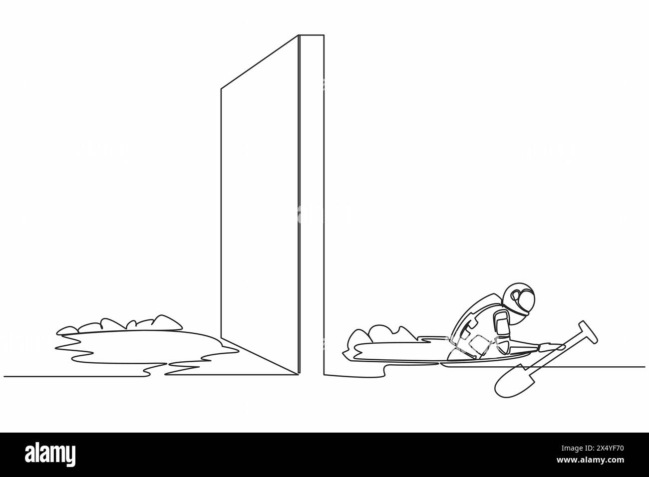 Single one line drawing young astronaut digging tunnel under wall or ...