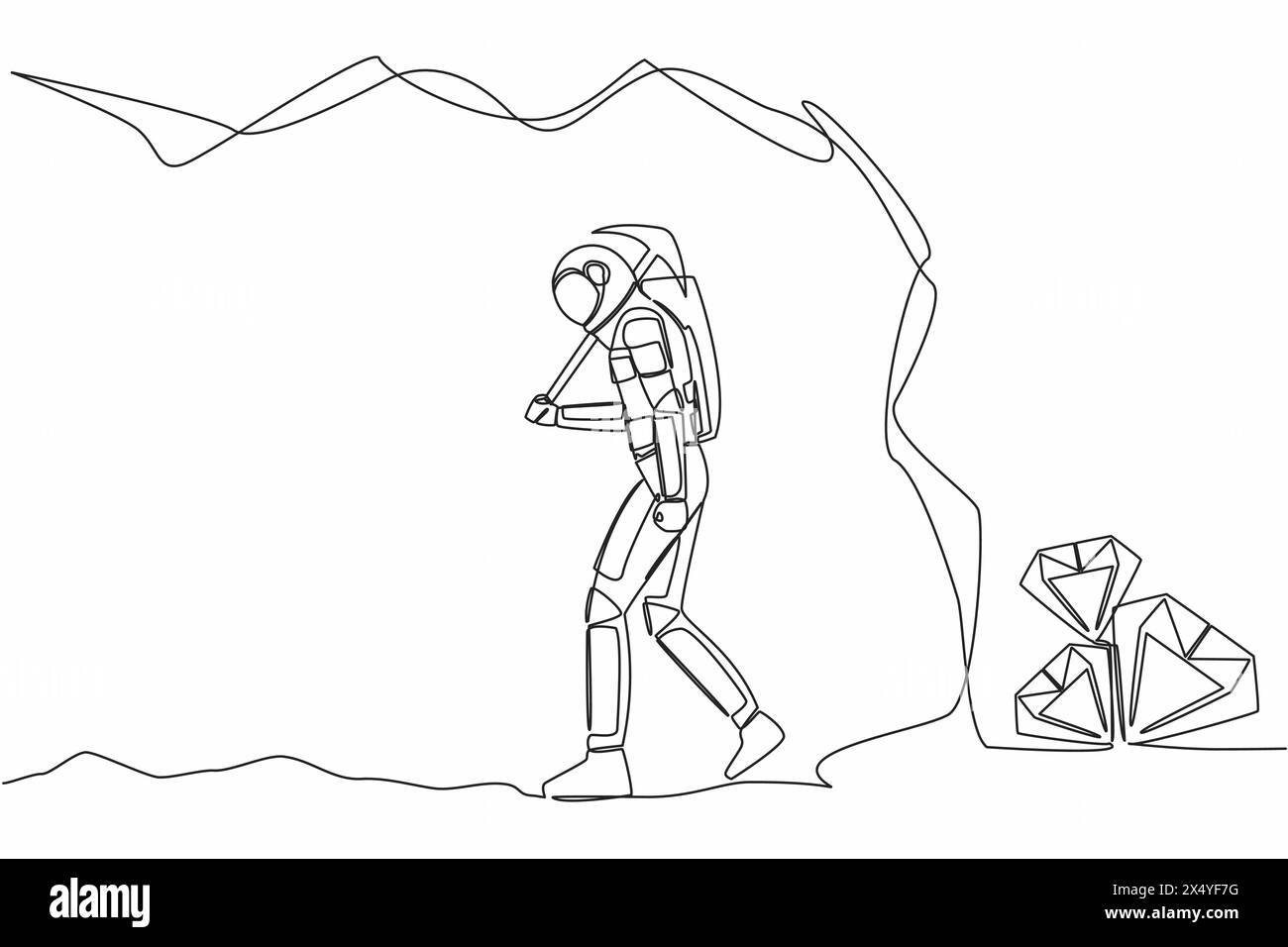 Single one line drawing astronaut give up before reach diamonds. Stop ...