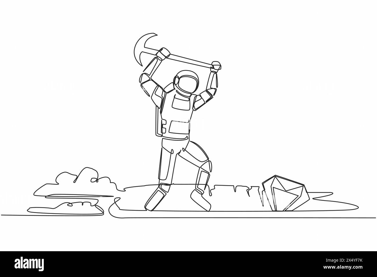 Single continuous line drawing of young astronaut in moon hole prancing ...