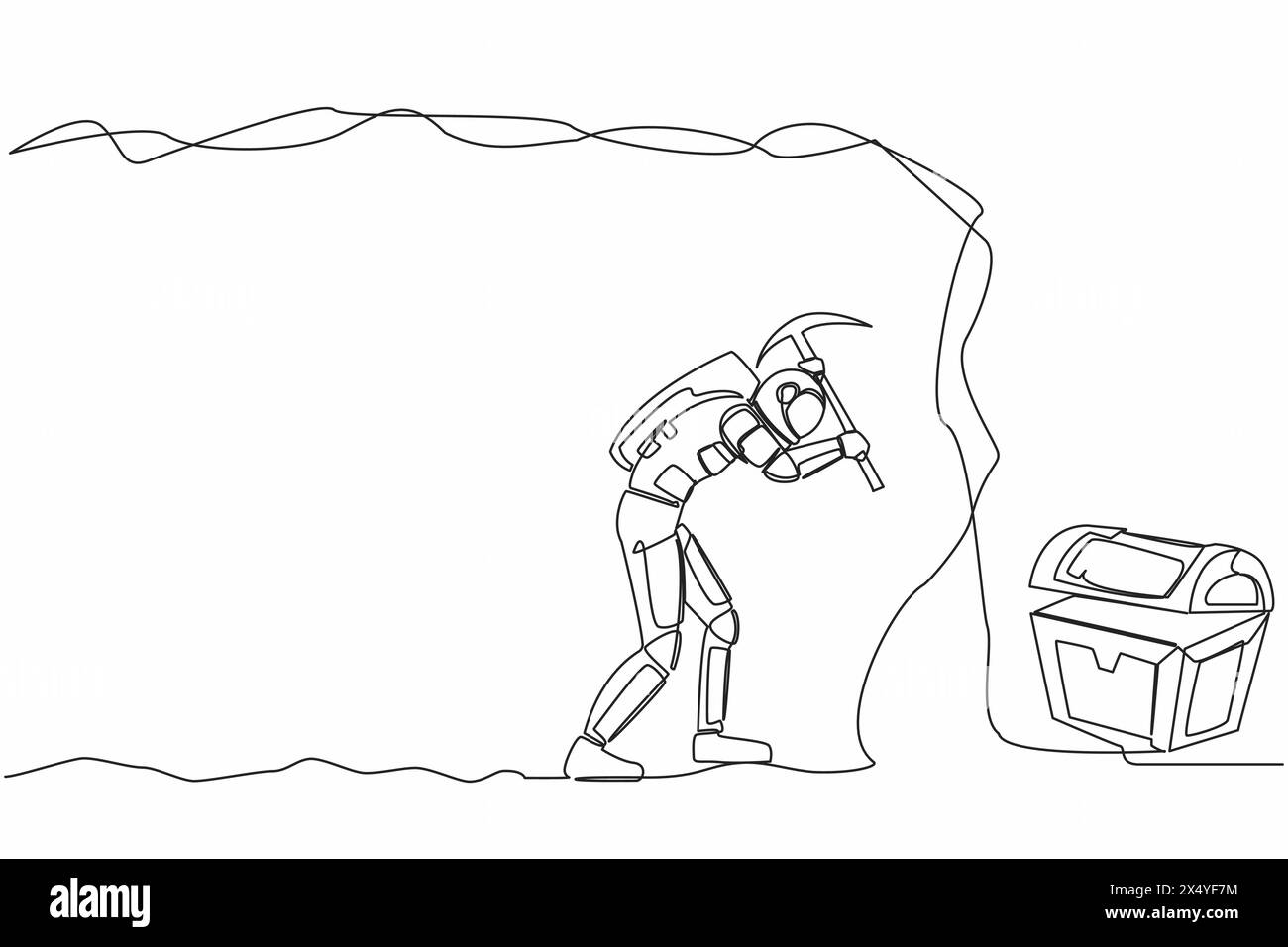 Continuous one line drawing young astronaut digging with pickaxe in ...