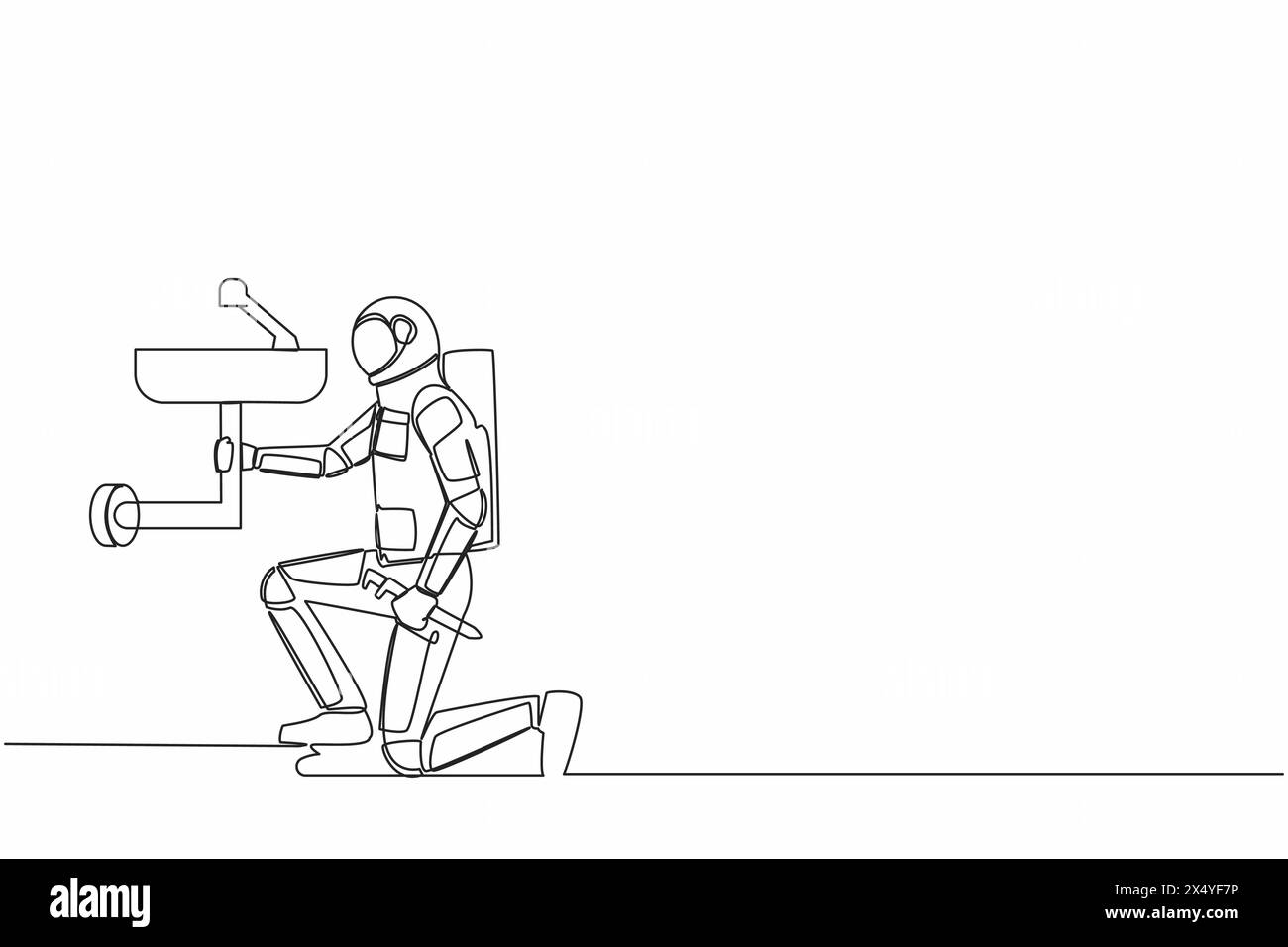 Single continuous line drawing astronaut plumber repair sink in ...