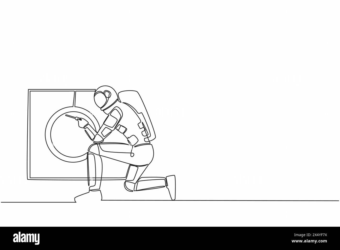Single continuous line drawing of young astronaut fixing washing ...
