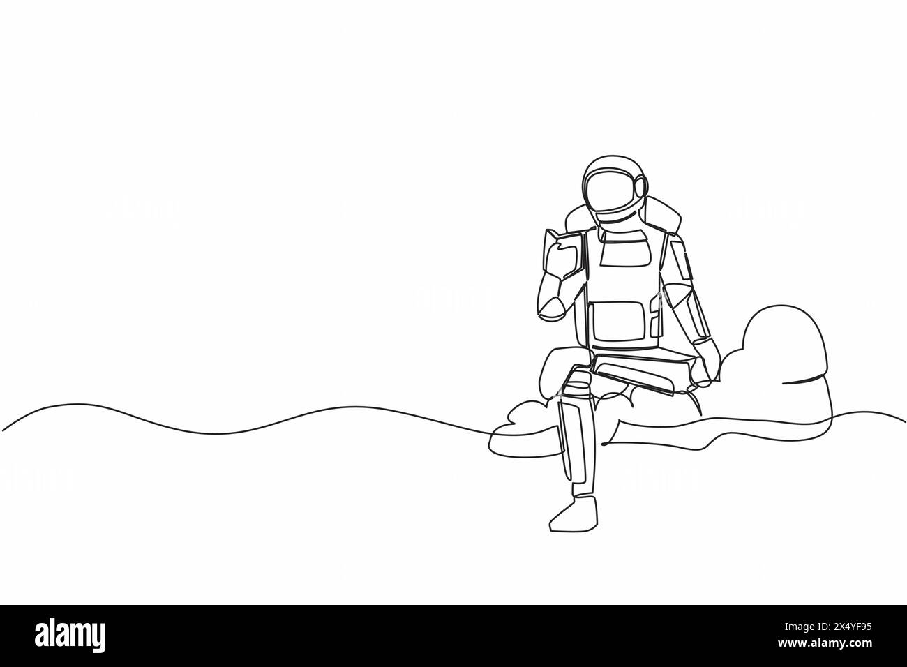 Continuous one line drawing young astronaut sitting on cloud reading ...