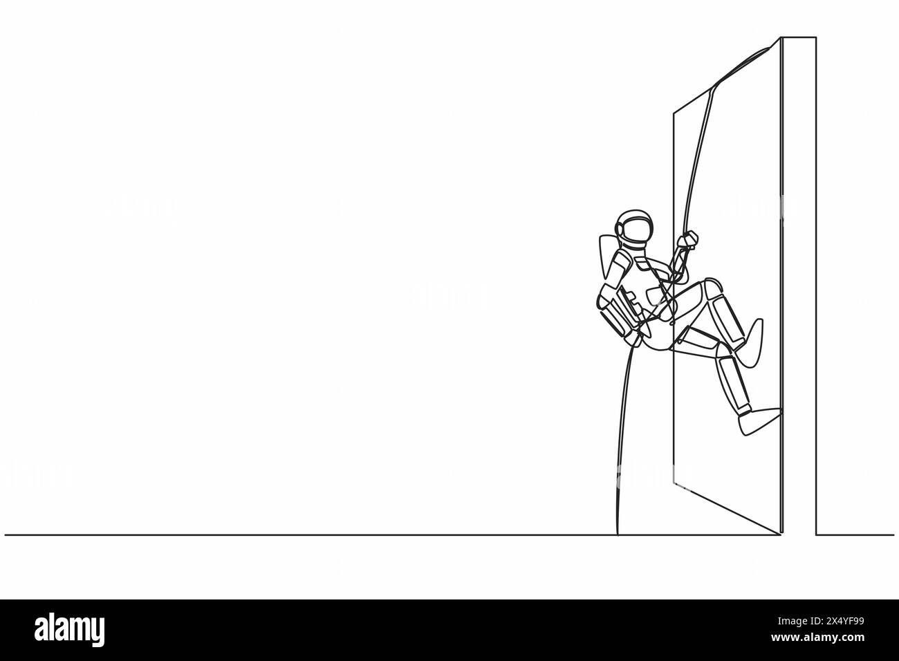 Continuous one line drawing young astronaut climbing over wall with ...
