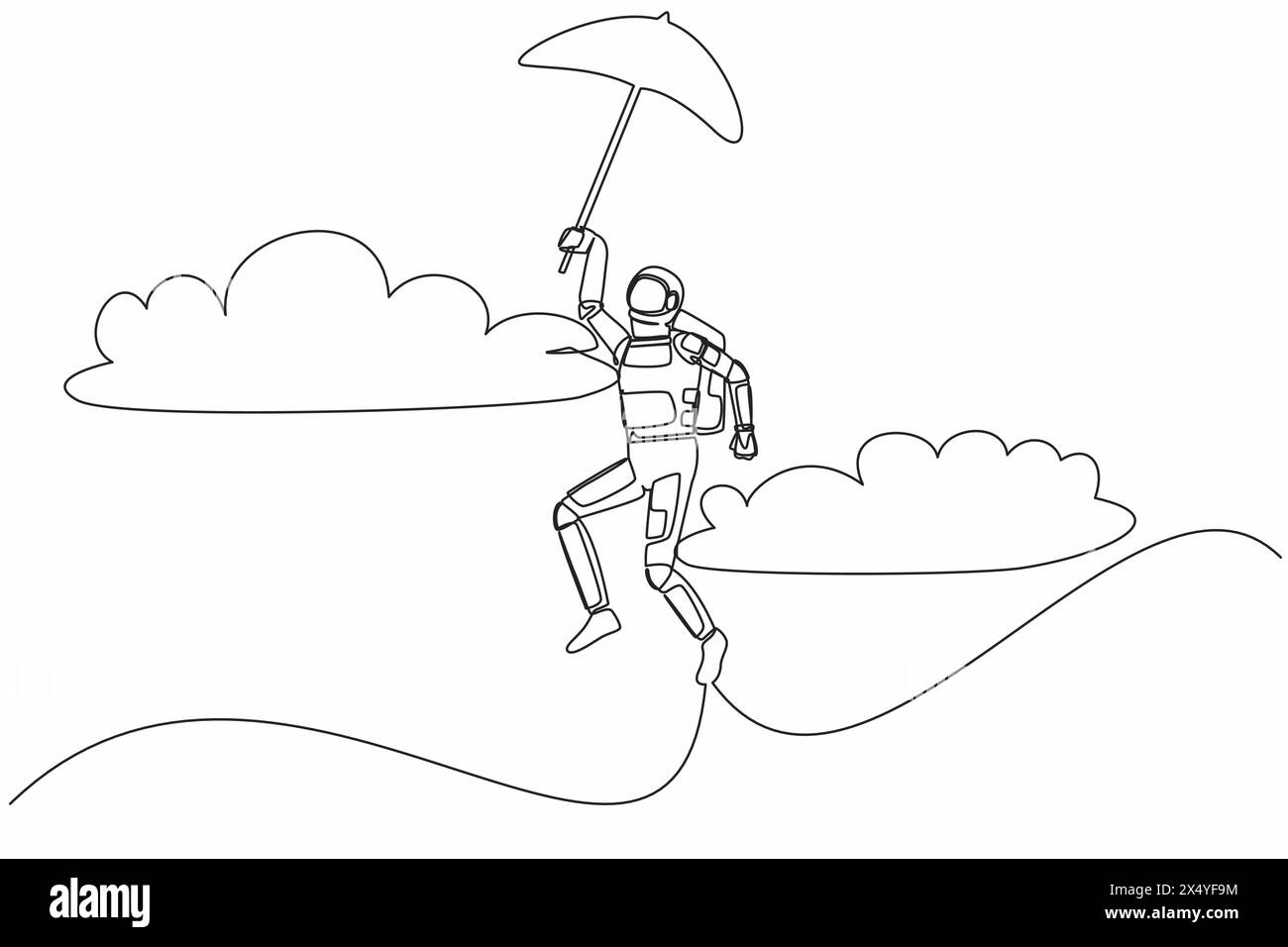Single one line drawing young astronaut with umbrella through cloud ...