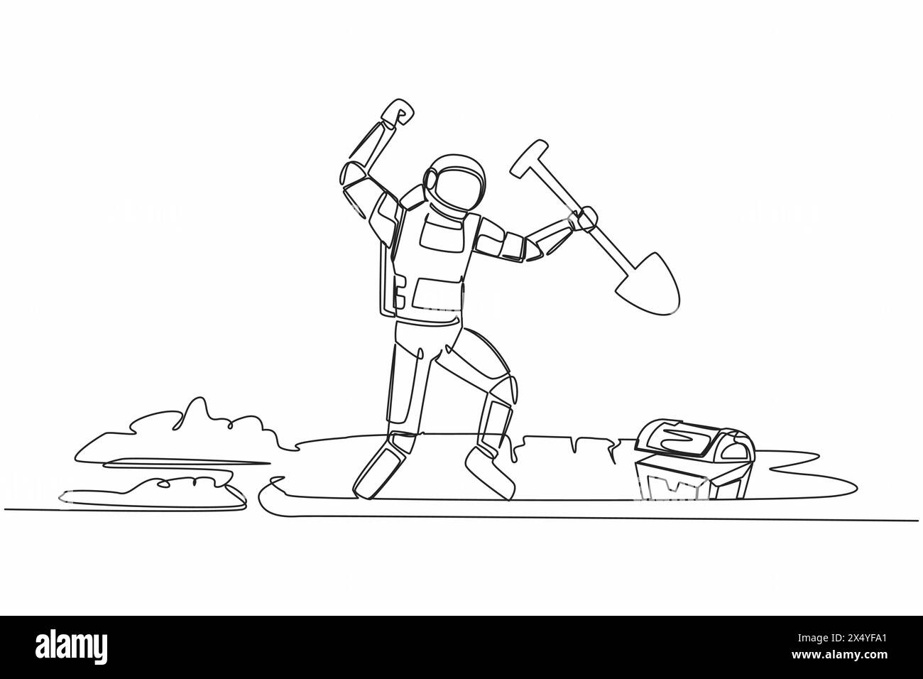 Single one line drawing young astronaut standing and holding shovel on ...