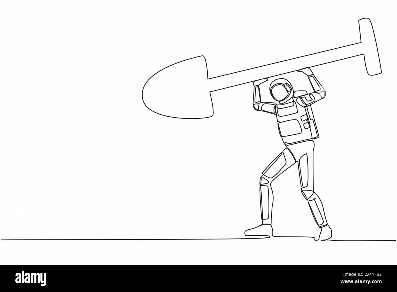Continuous one line drawing astronaut standing and lifting big shovel ...