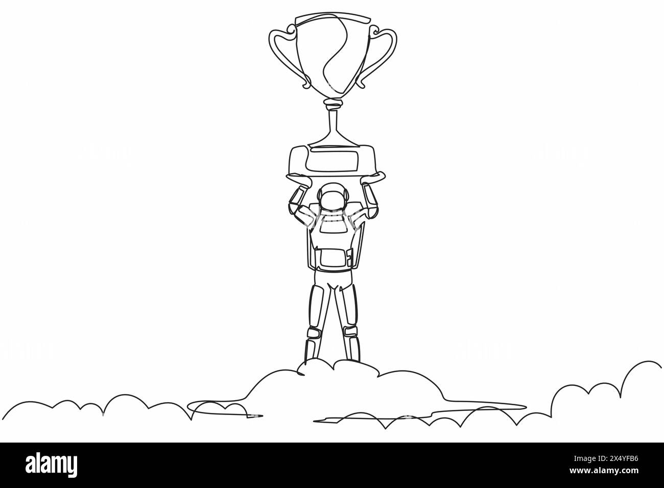 Single one line drawing young astronaut holding trophy in cloud ...