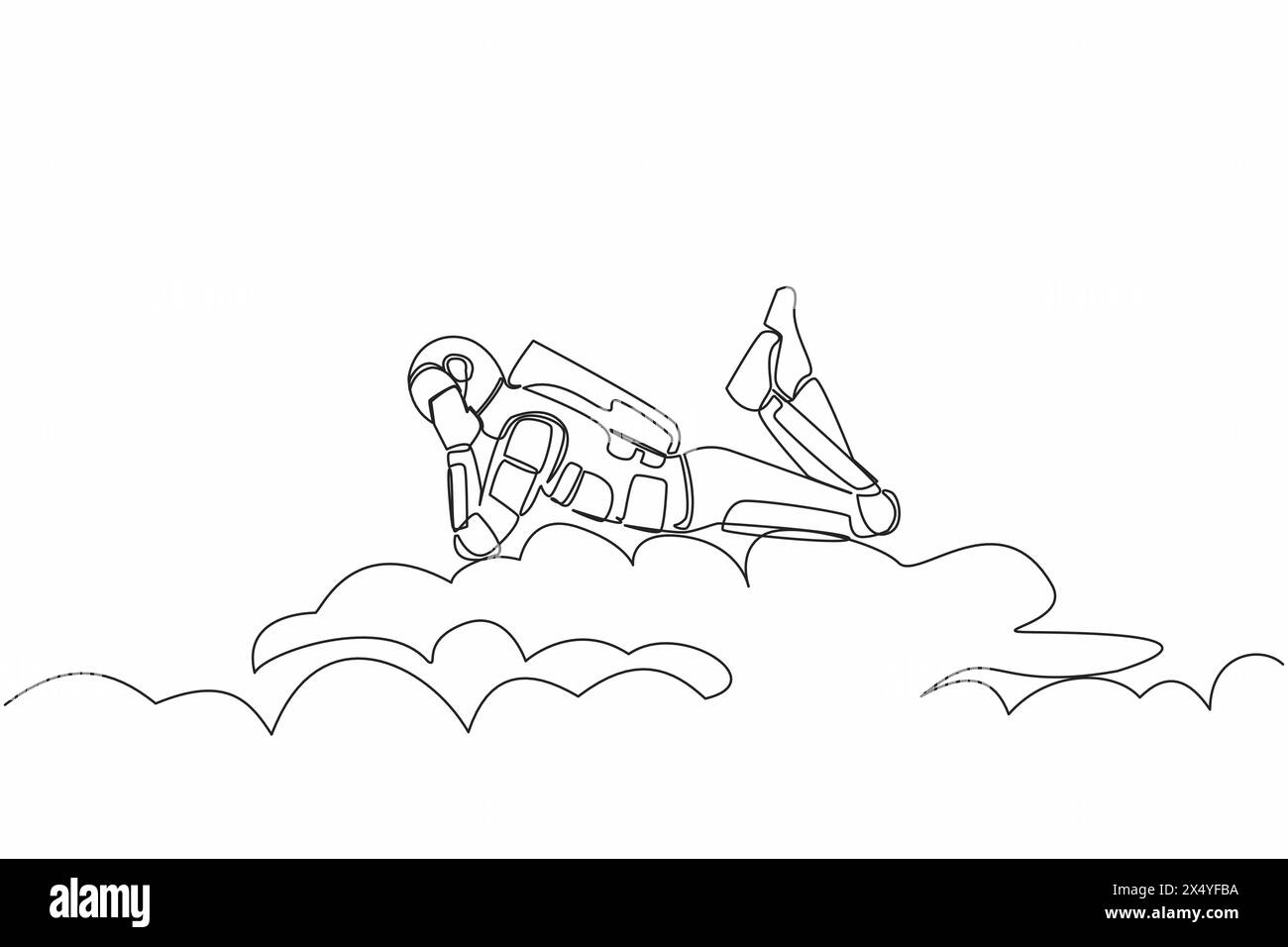 Single one line drawing young astronaut lay on clouds. Relaxes and ...