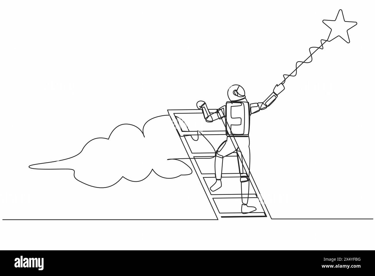 Continuous one line drawing of young astronaut climbing ladder and ...