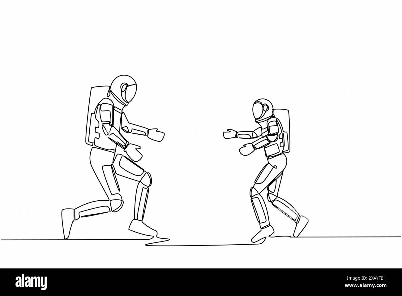 Single continuous line drawing of joyful little astronaut kid running ...