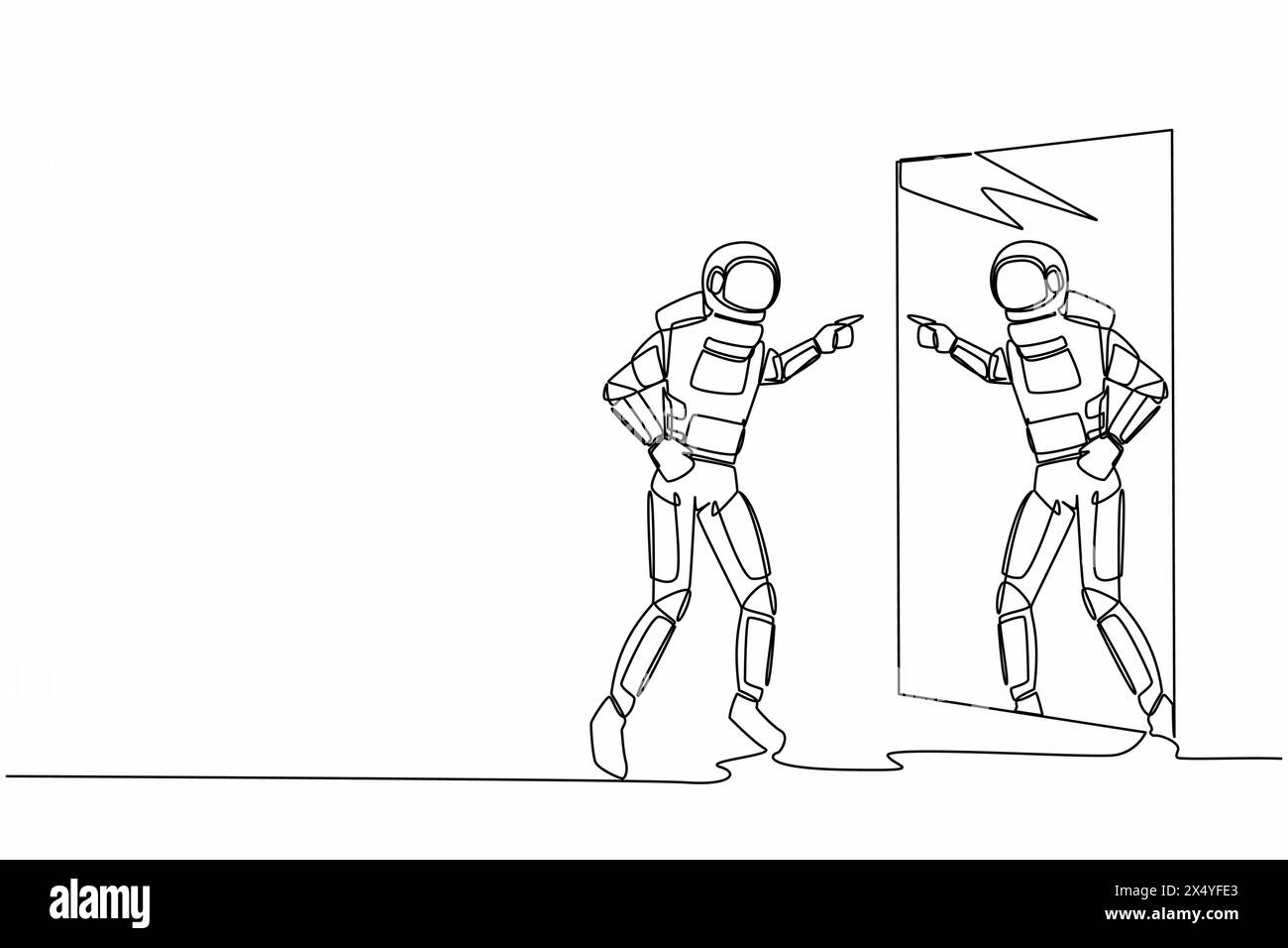 Continuous one line drawing angry astronaut fight with mirror ...