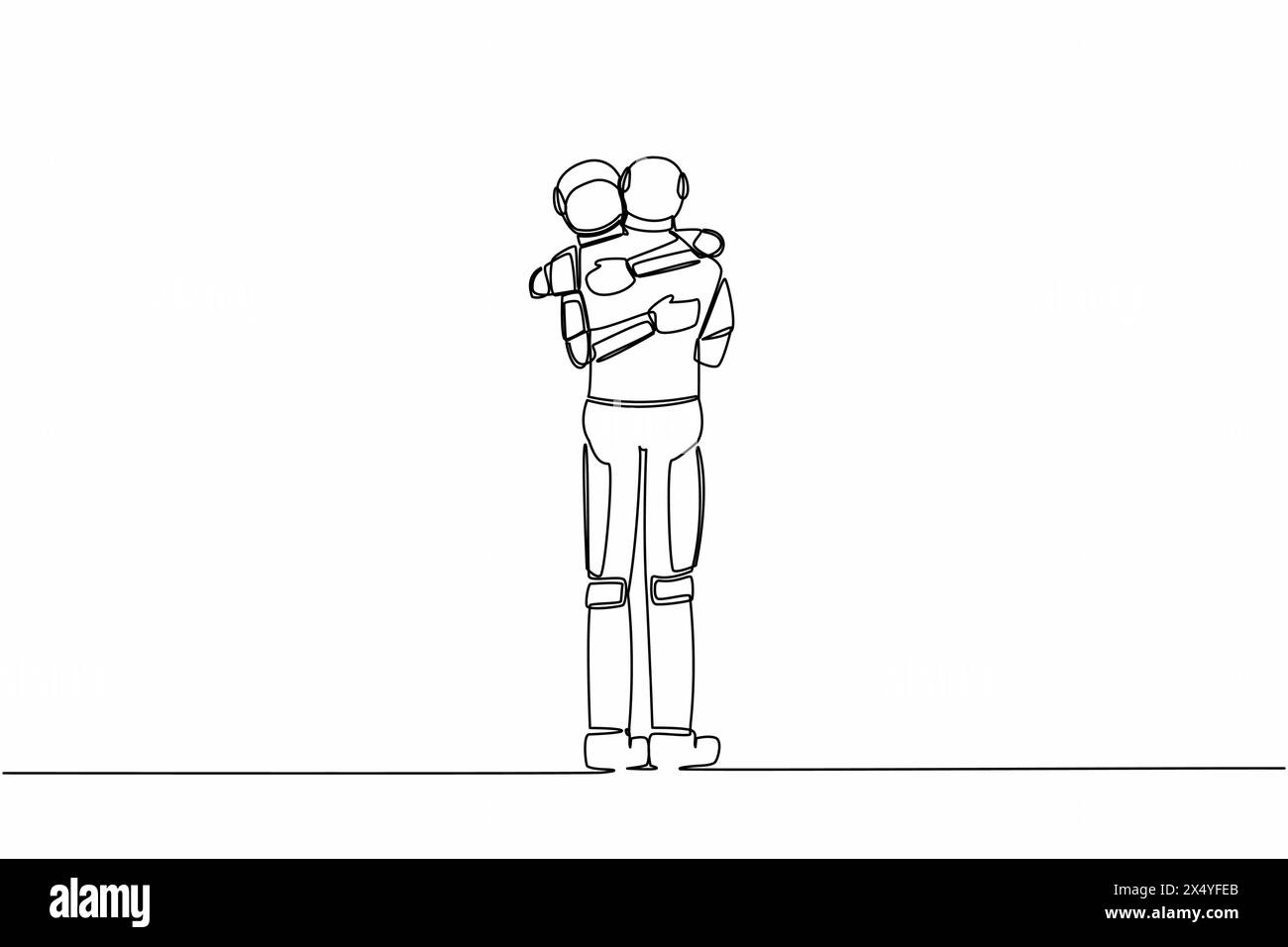 Continuous one line drawing two astronaut embracing each other closely feeling comfort. Father ...