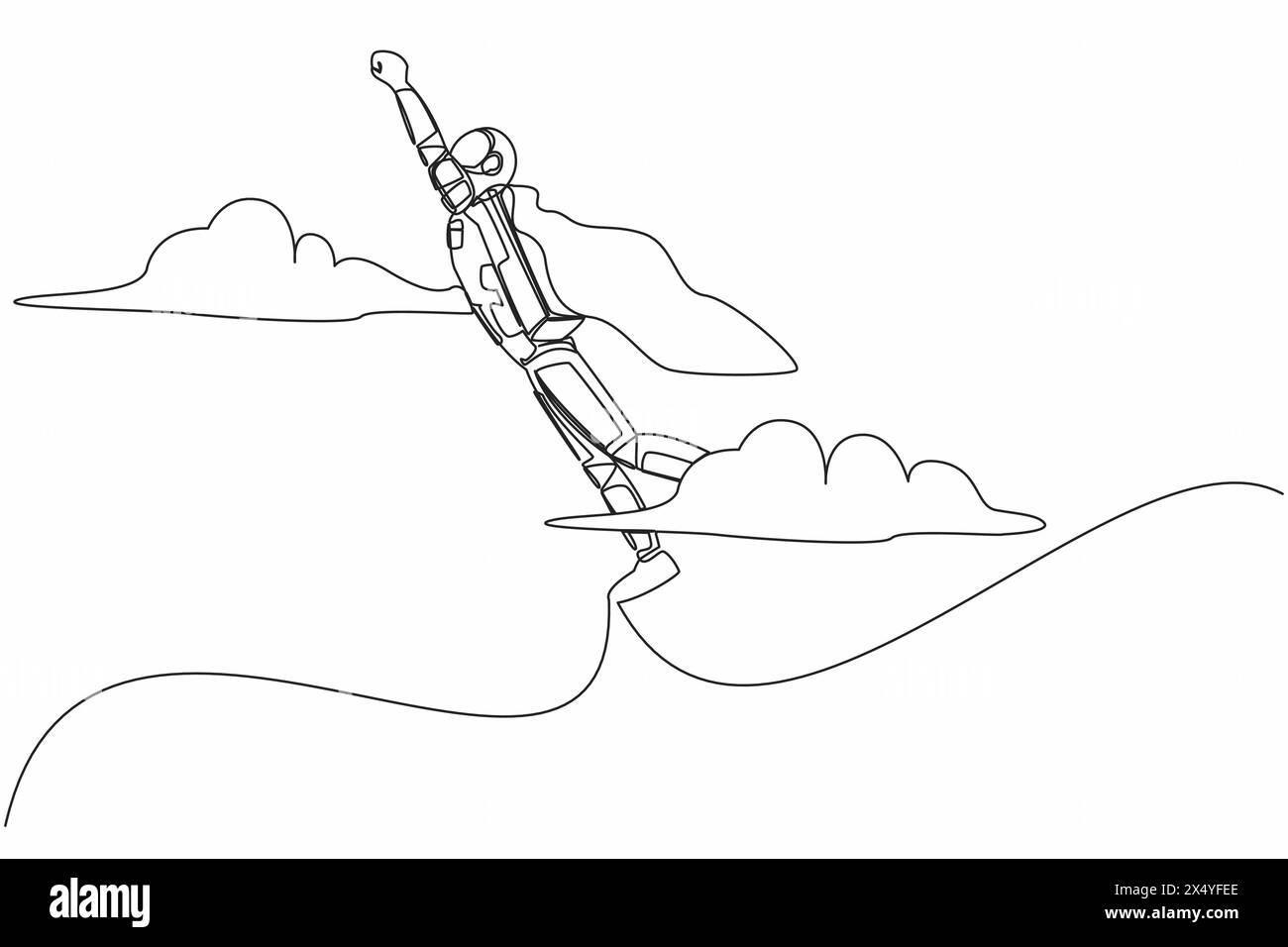 Continuous one line drawing super young astronaut in cloak flying up to ...