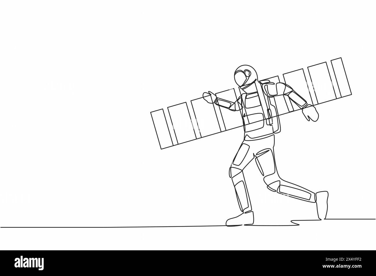 Single one line drawing astronaut repairman walking with ladder ...