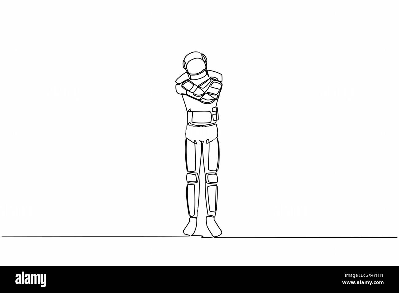 Single continuous line drawing astronaut hugging himself with positive ...