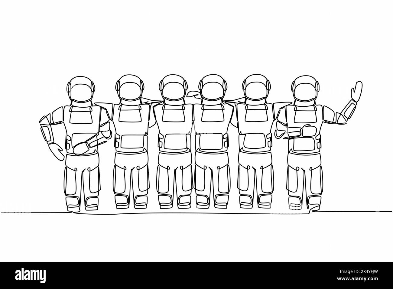 Single one line drawing group of astronaut are hugging. Happy ...