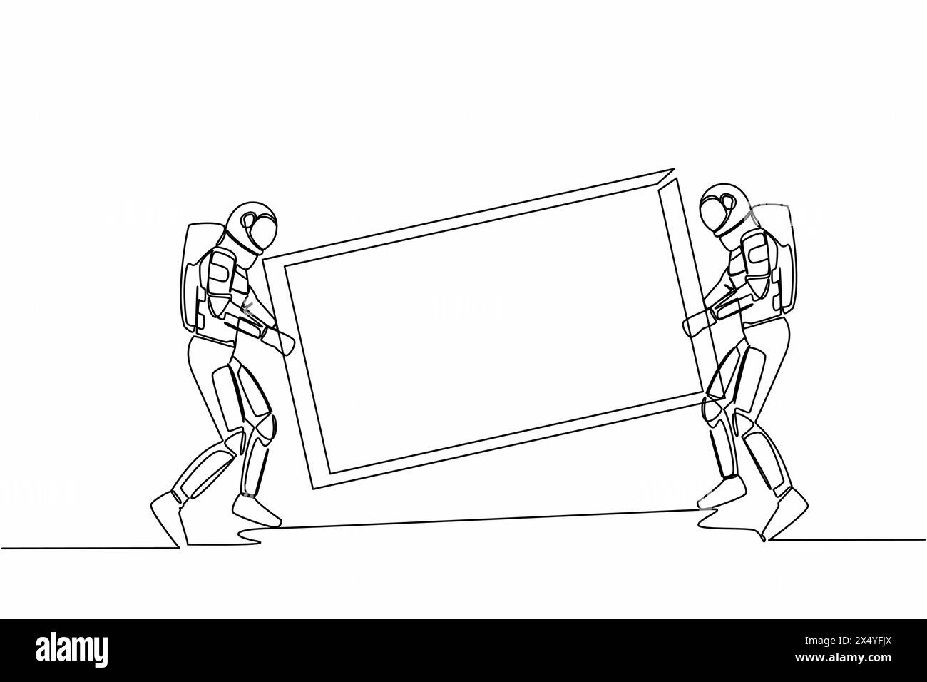 Single one line drawing two astronaut carrying big mirror to new space office. Spaceman with ...