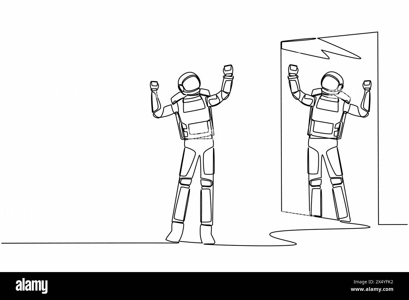 Single continuous line drawing happy astronaut look in mirror with ...