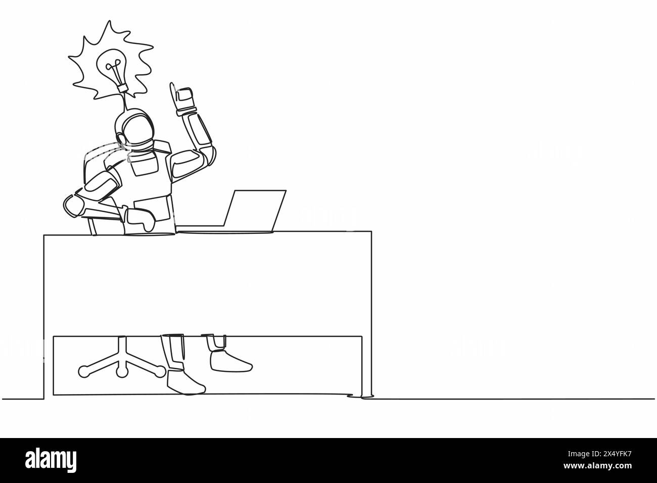 Continuous one line drawing astronaut getting bright new idea while ...