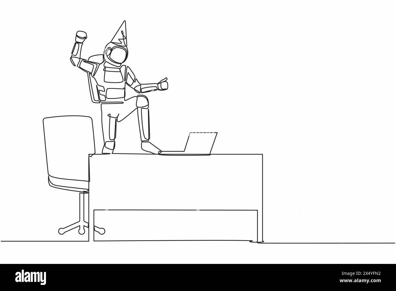 Continuous one line drawing astronaut stands in office desk with hand ...