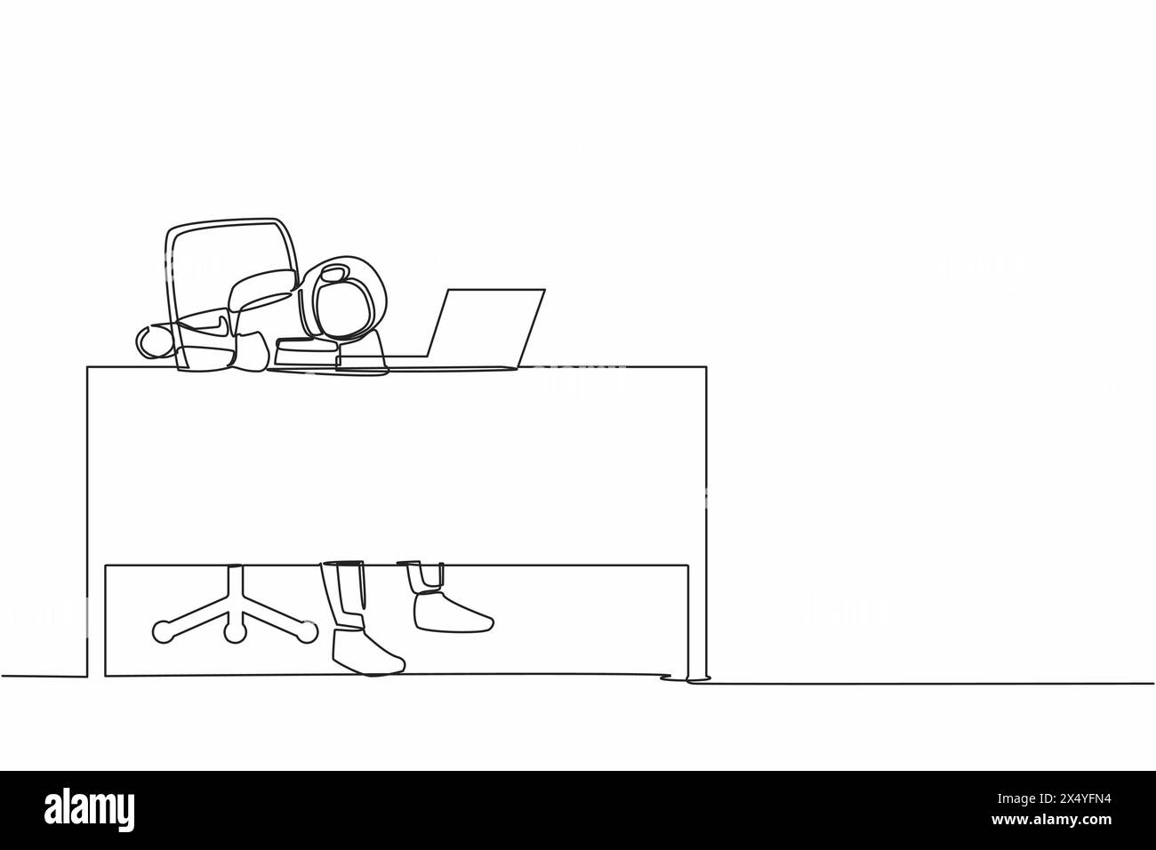 Single one line drawing anxiety young astronaut in office with put his ...